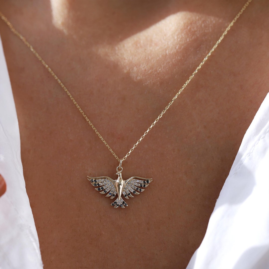Black and White Diamond Phoenix Bird Necklace, Fire Bird Necklace ...