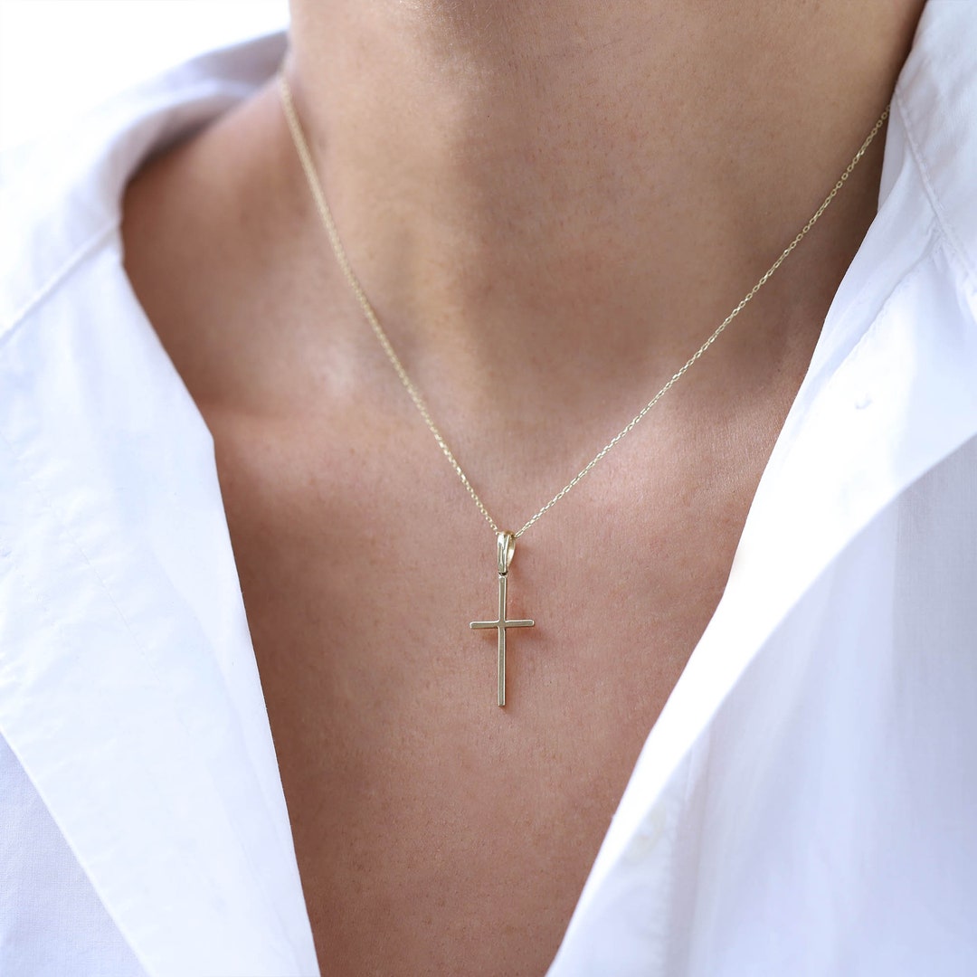 14k Solid Gold Thin Cross Pendant, Thin Chain Necklace, Religious ...