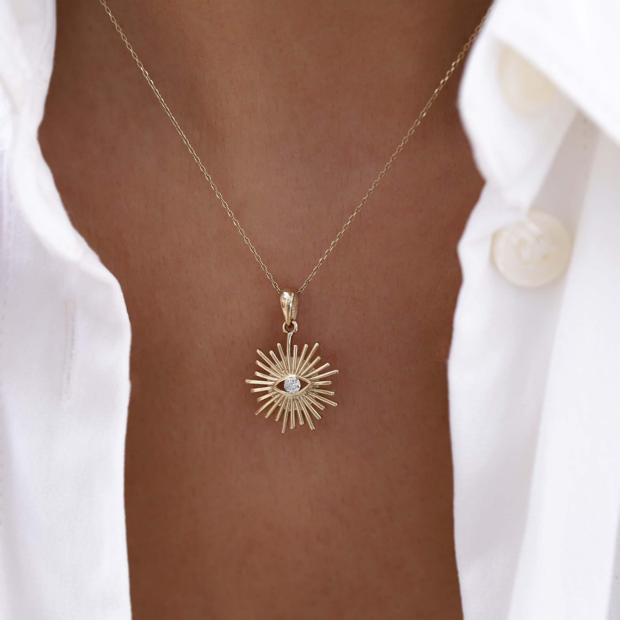 14K Gold Diamond Sun Necklace: Celestial Eye Pendant - Etsy