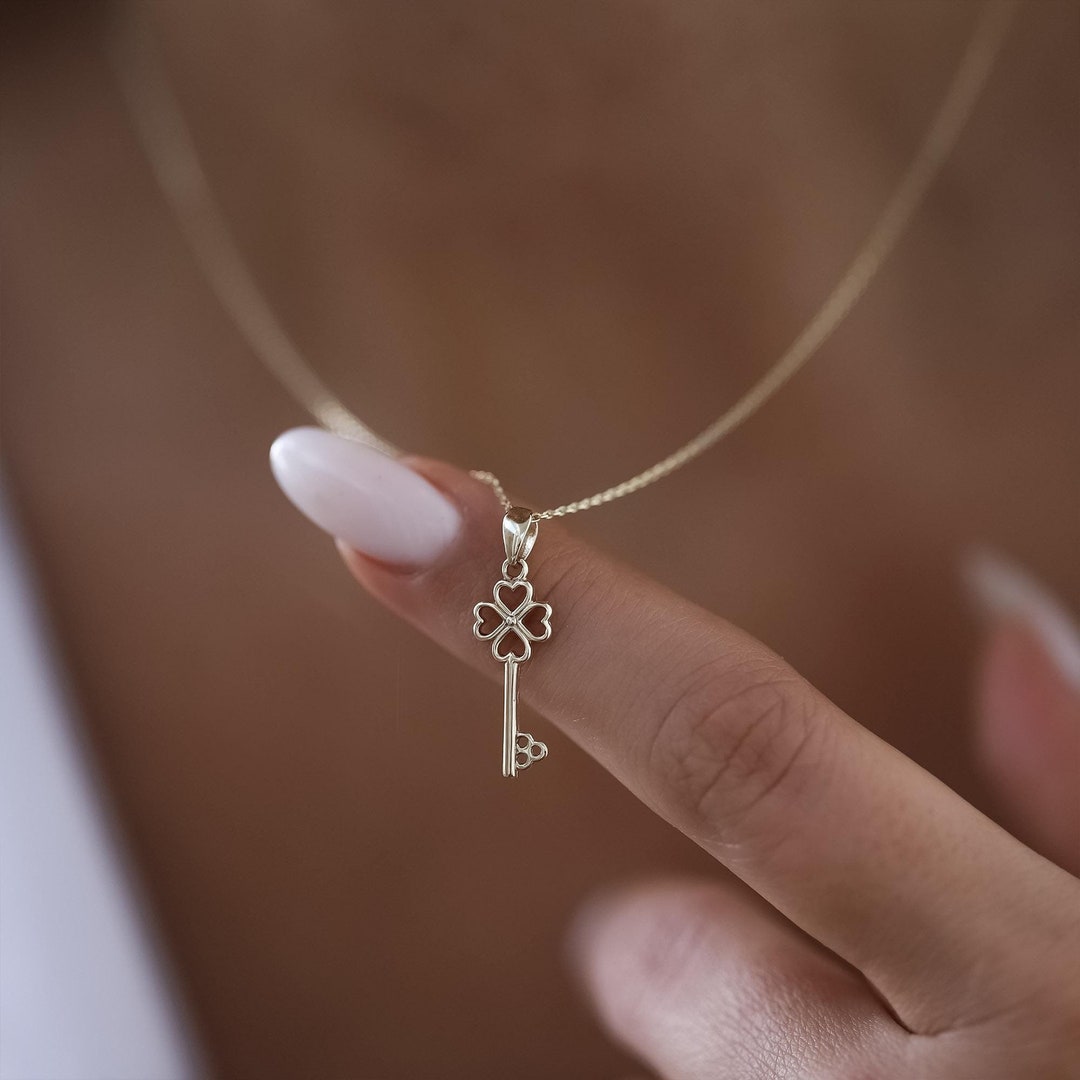 14k Solid Gold Key Necklace, Gold Heart Key Pendant, Elegant Gold ...