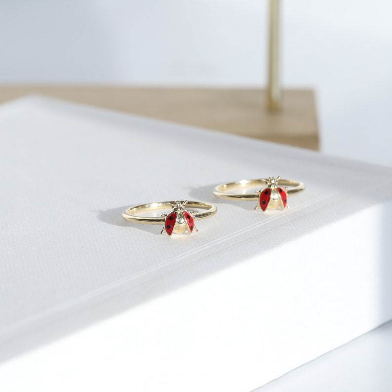 14K Gold Ladybug Ring, Red Enamel, Good Luck Charm - Etsy