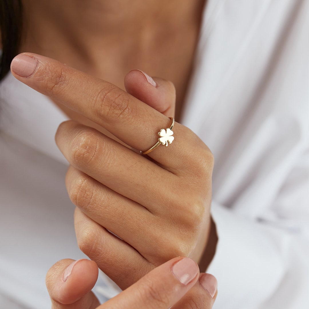 14K Gold Clover Ring, Minimal Stackable Ring, Four Leaf Clover, Luck ...