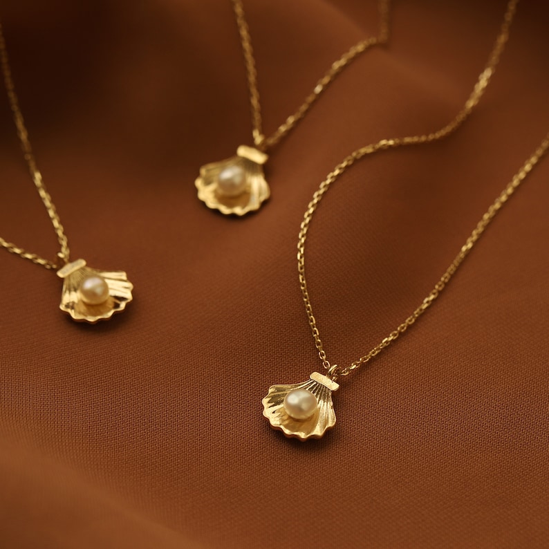 14K Gold Shell Necklace Seashell Pearl Pendant Dainty Gold | Etsy