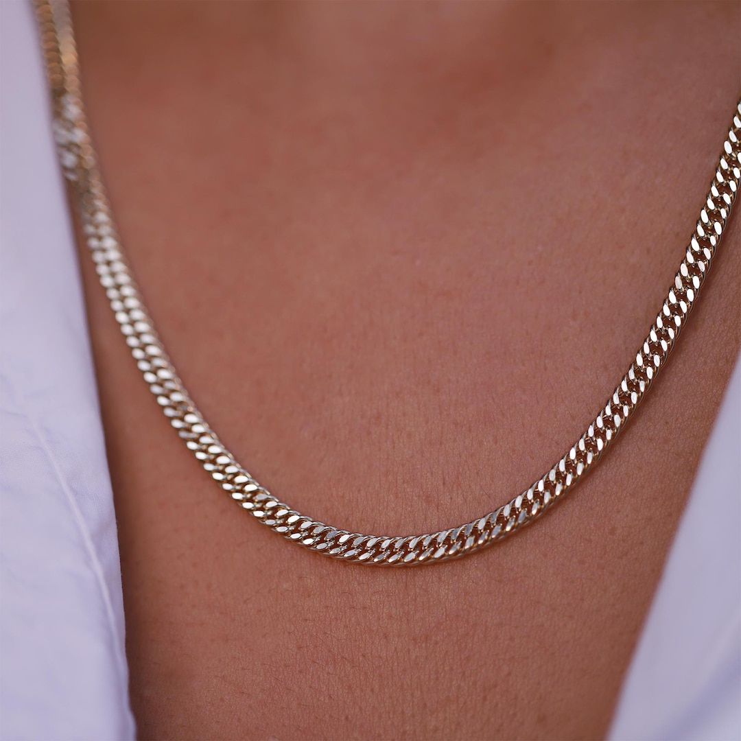 Double Curb Chain Necklace, 14K Real Gold, 4mm Chain, Dainty Chain ...