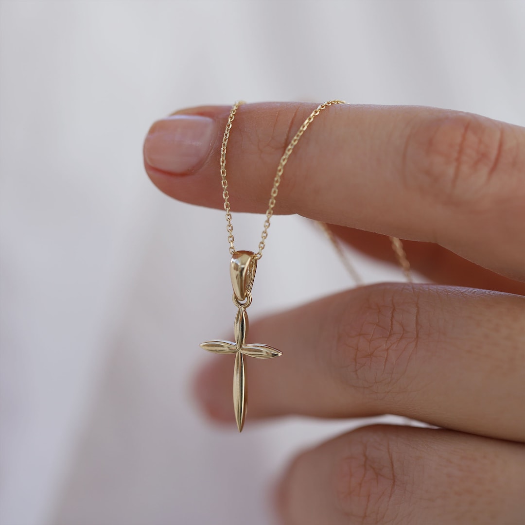 14k Gold Simple Cross Pendant, Thin Chain Necklace, Religious Jewelry ...