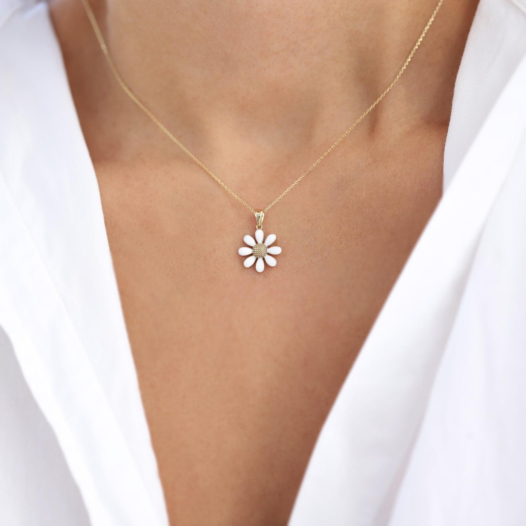 14k Real Gold Daisy Necklace, Gold Flower Necklace, Gold White Enamel ...