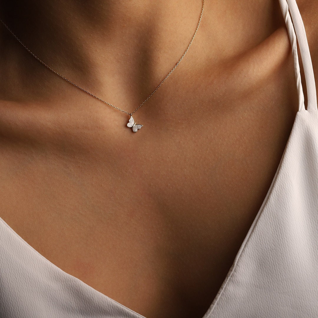 14K Gold Butterfly Necklace: White Enamel Pendant - Etsy