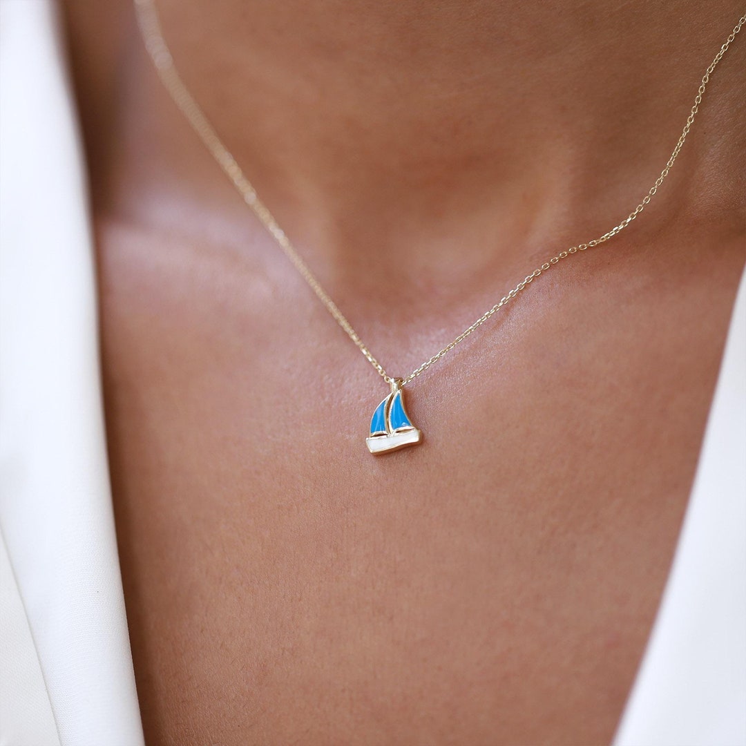 Gold Sailboat Necklace, Enamel Sailboat Pendant, Nautical Theme Jewelry ...