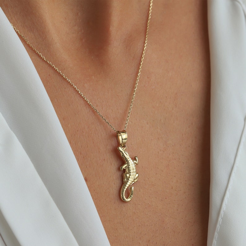 14K Gold Alligator Necklace Animal Pendant Real Gold | Etsy