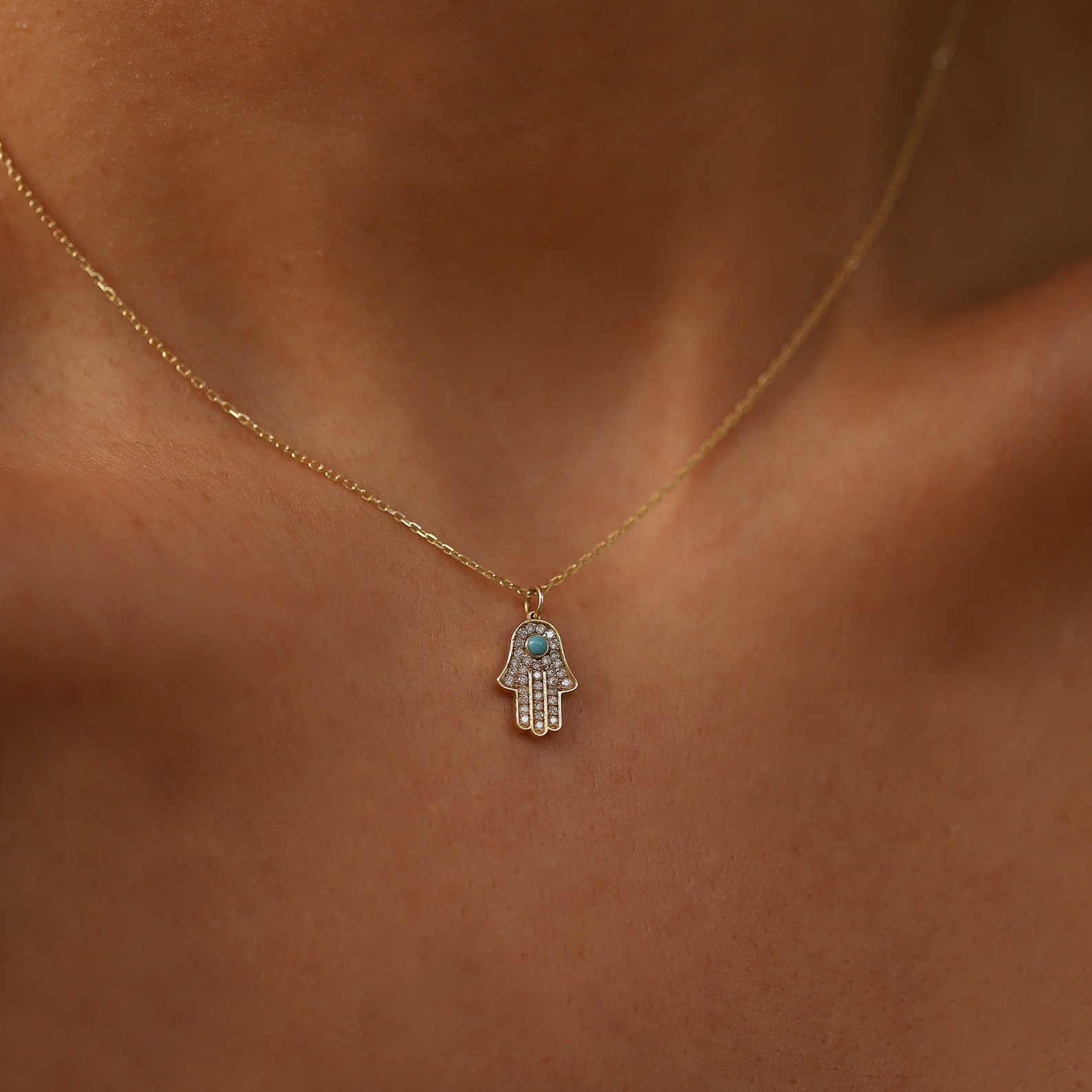 Diamond Hamsa Necklace 14K Gold Hand of Fatima Pendant | Etsy