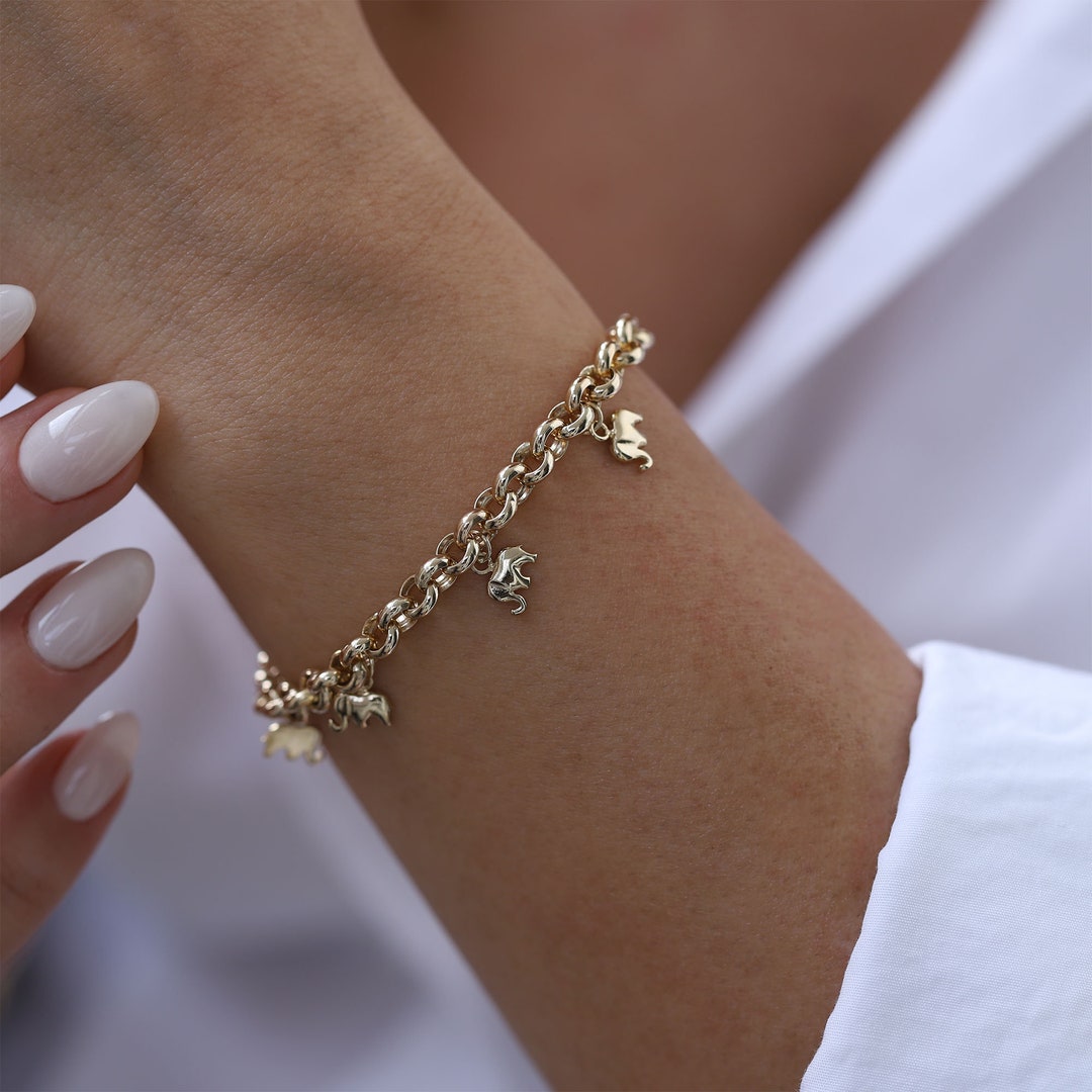 14K Gold 5 Elephants Charm Bracelet, Rolo Chain, Minimalist Fine ...