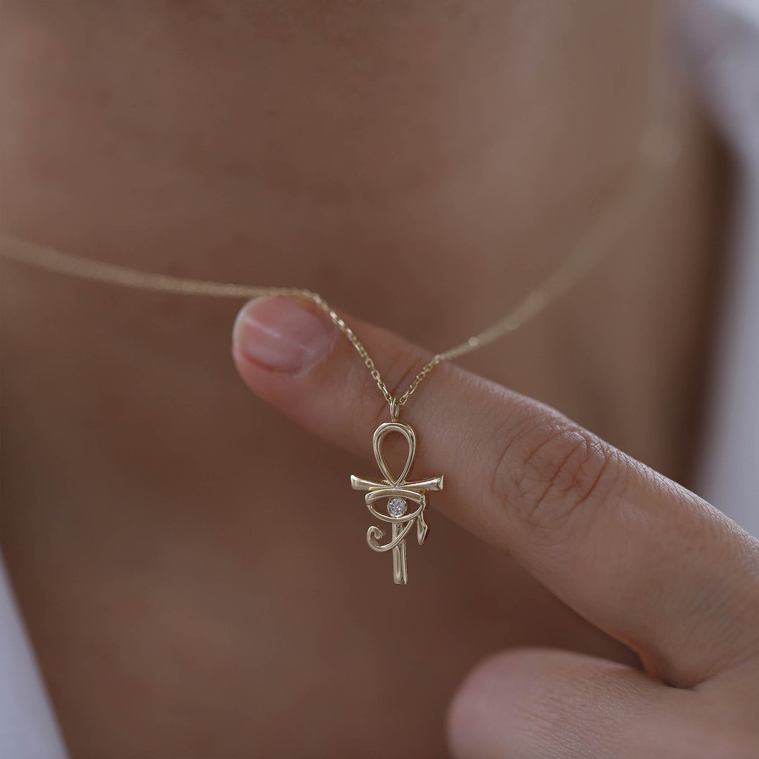 Diamond Cross Ankh Necklace, 14K Gold Ankh Pendant, Minimalist Jewelry ...