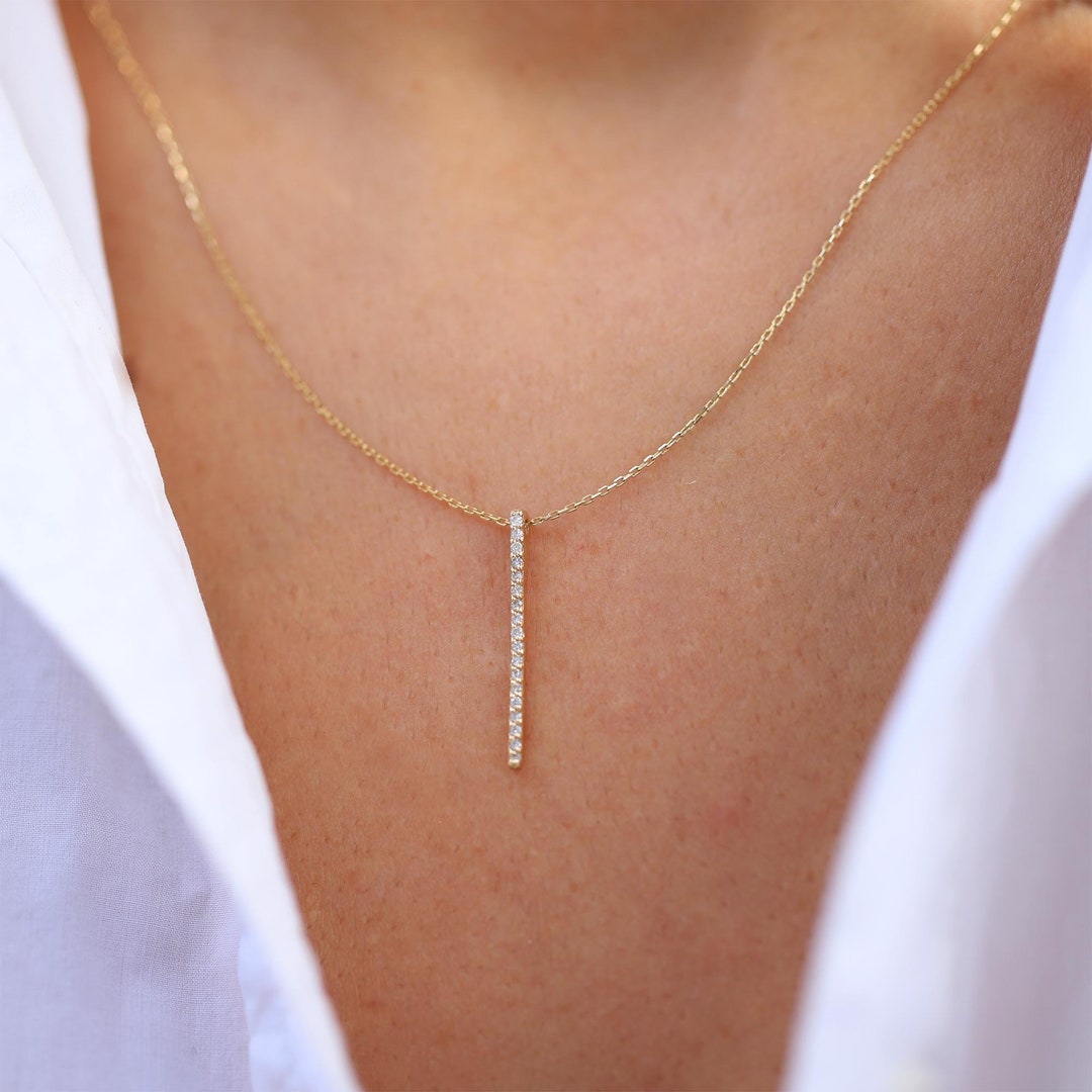 Dainty Diamond Bar Necklace, Minimalist Jewelry, 14K Gold Rectangle Bar ...