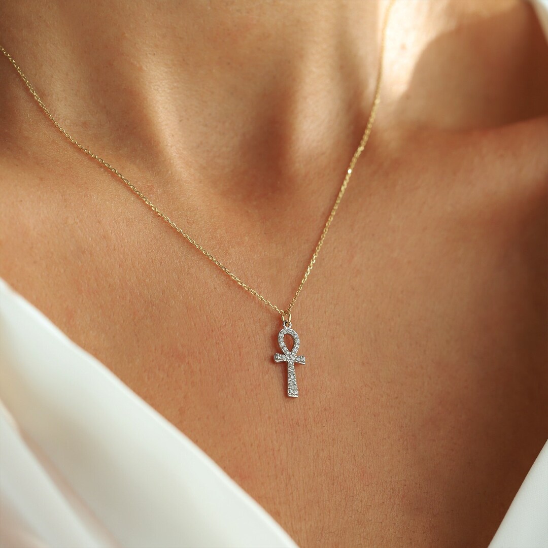 Mini Diamond Ankh Necklace, 14K Gold Mini Ankh Pendant, Minimalist ...