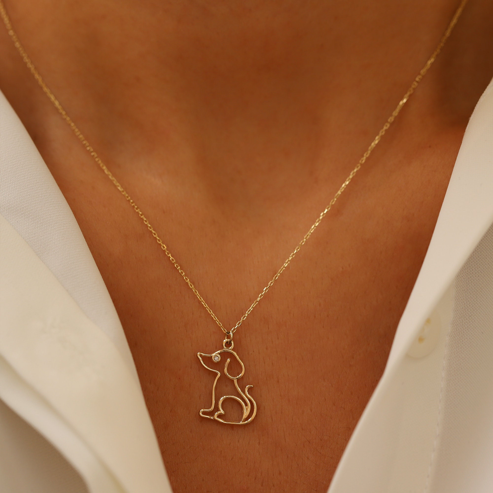 Diamond Dog Necklace, 14K Gold, Dainty Puppy Pendant, Minimalist ...