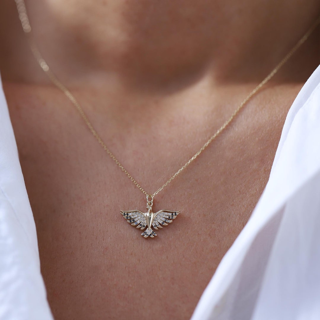 Black and White Diamond Phoenix Bird Necklace, Fire Bird Necklace ...
