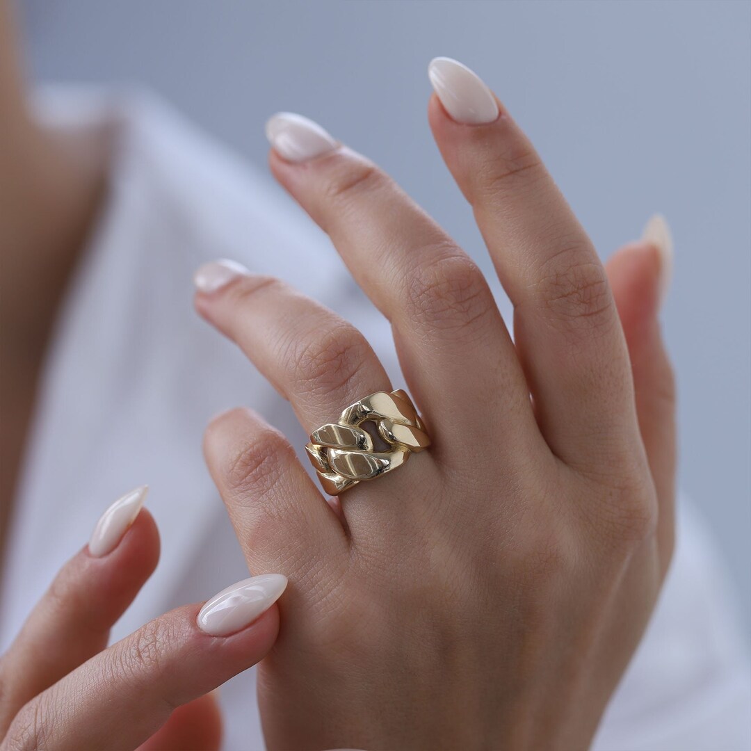 14K Gold Thick Cuban Chain Ring: Handmade Statement Jewelry - Etsy