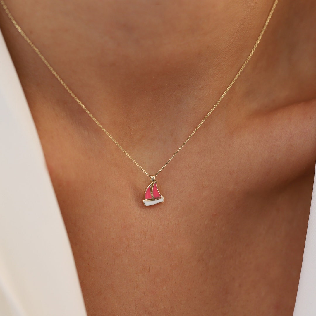 Gold Sailboat Necklace, Pink Enamel Sailboat Pendant, Nautical Theme ...