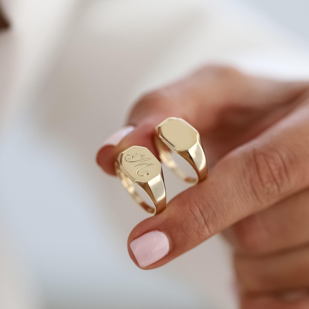 14k Gold Engraved Signet Letter Ring,solid Gold Square Ring ...
