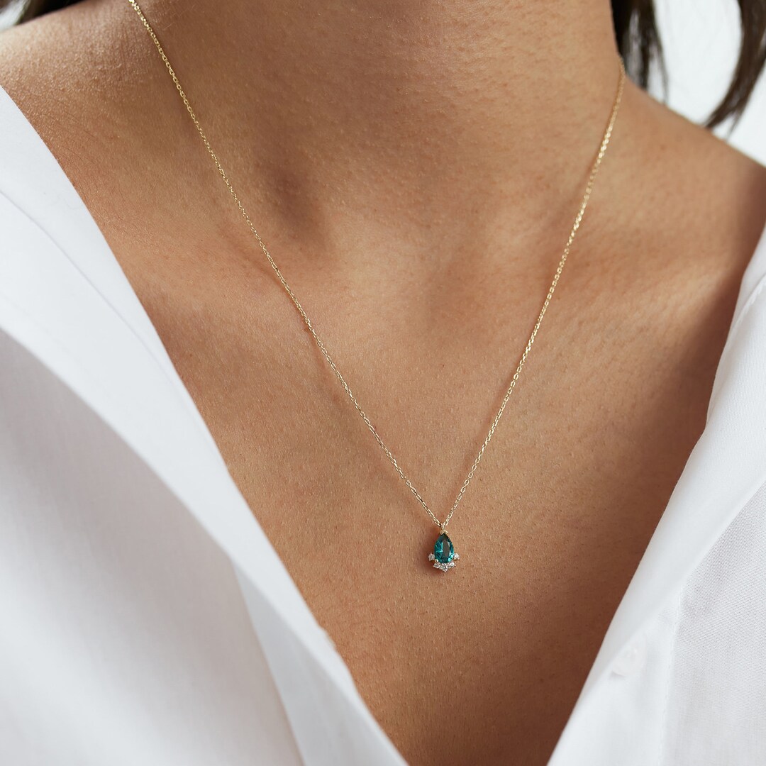 Dainty Emerald Teardrop Necklace, Zirconium Pendant, 14K Gold, Gift for ...