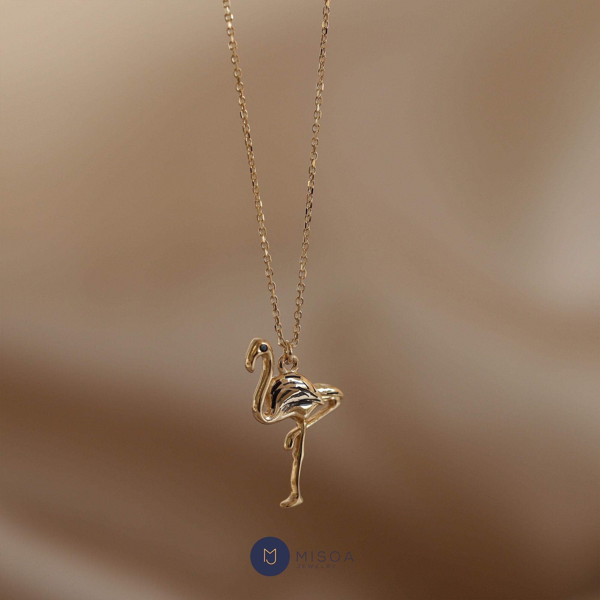 14K Gold Flamingo Pendant, Chain Necklace, Gold Chain, Animal Lover ...