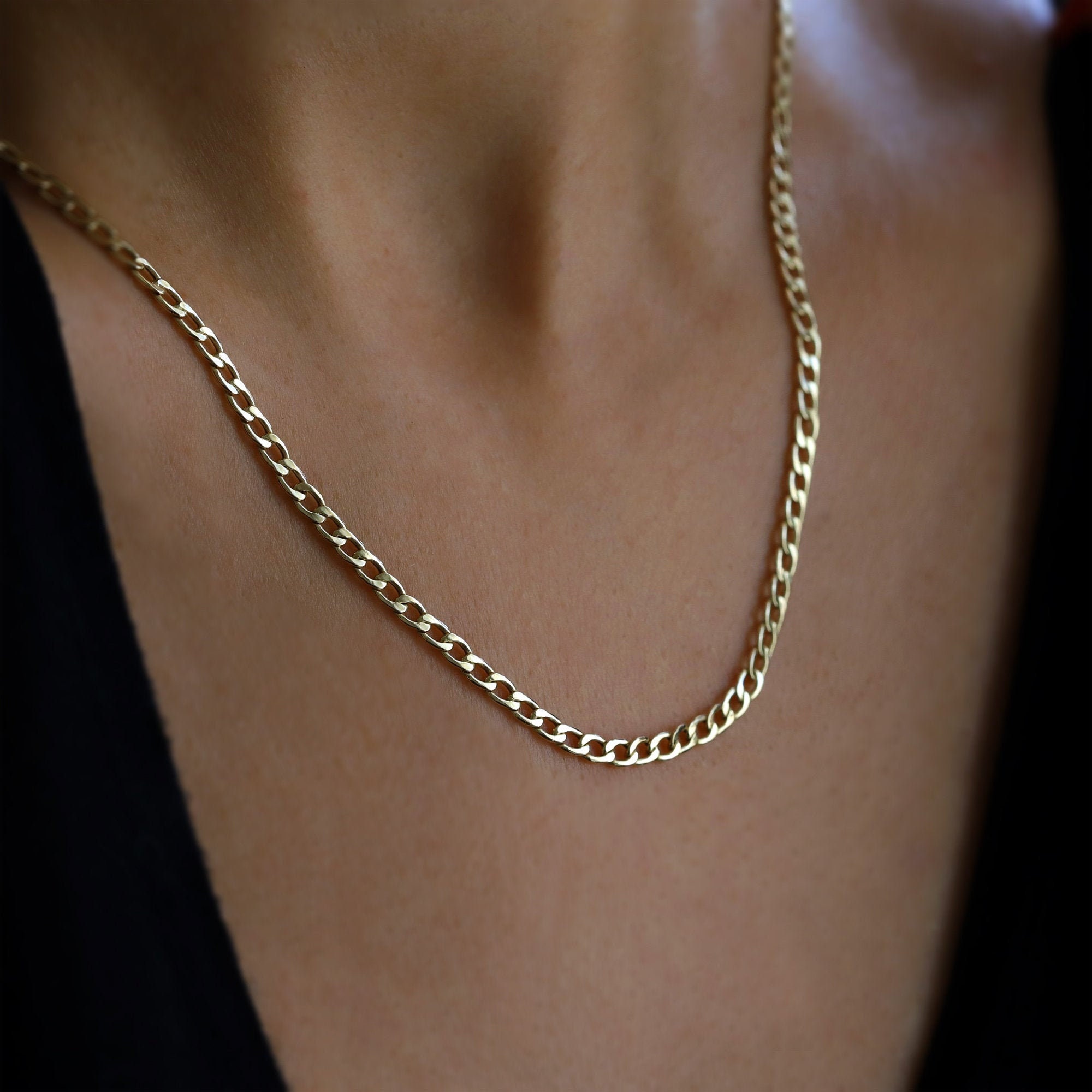 14K Gold 3.2mm Cuban Curb Chain Necklace, Real Gold Chain, Dainty Chain ...