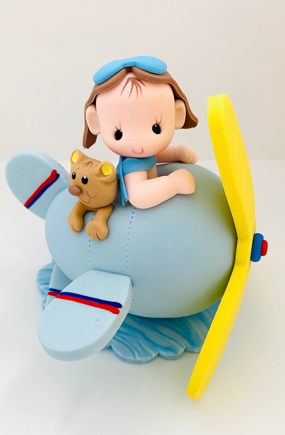 Handmade Airplane Cake Topper: Baby Pilot & Cat, Baby Shower Decoration ...