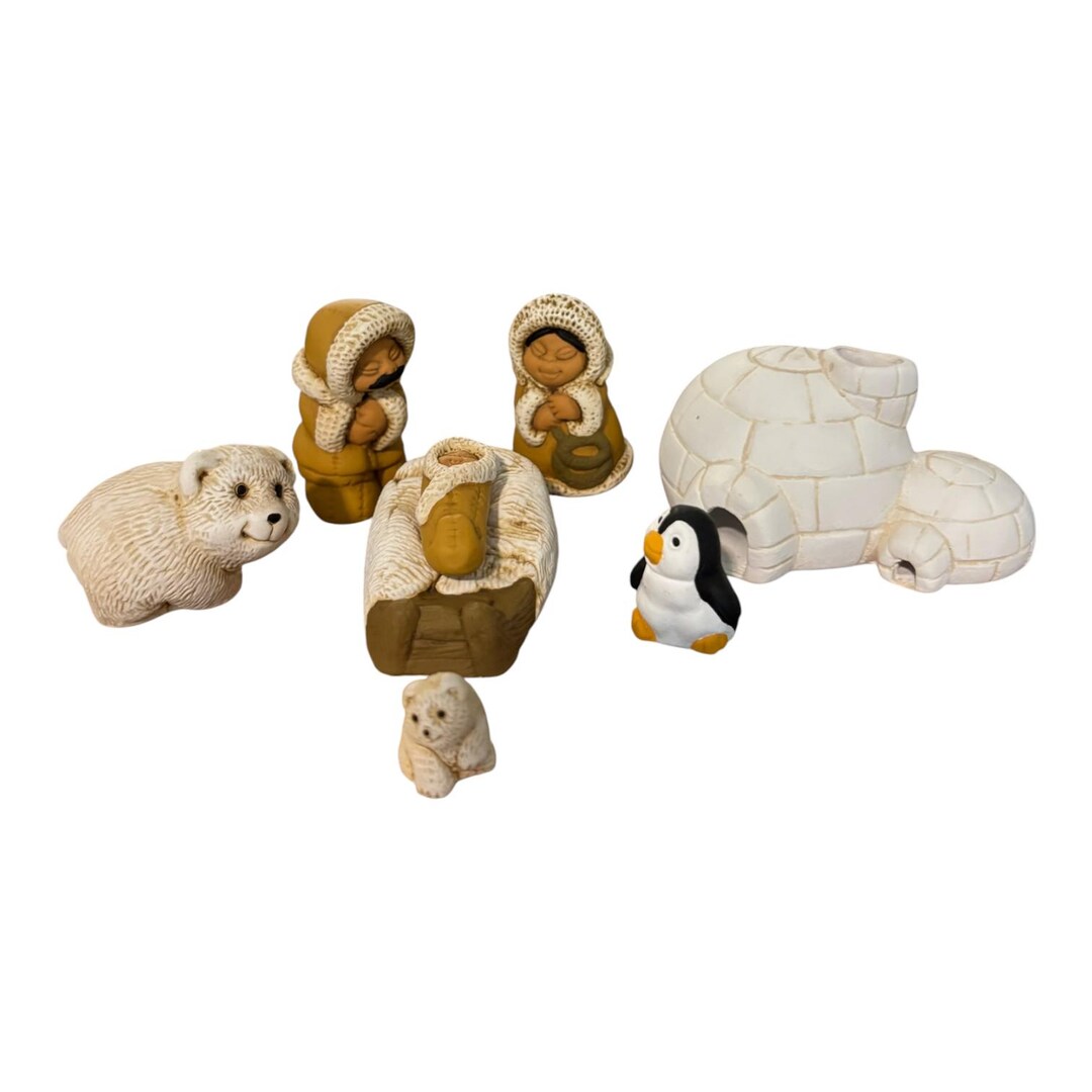 Handmade Ceramic Eskimo Nativity Scene: Arctic Igloo, Polar Bears (6 ...