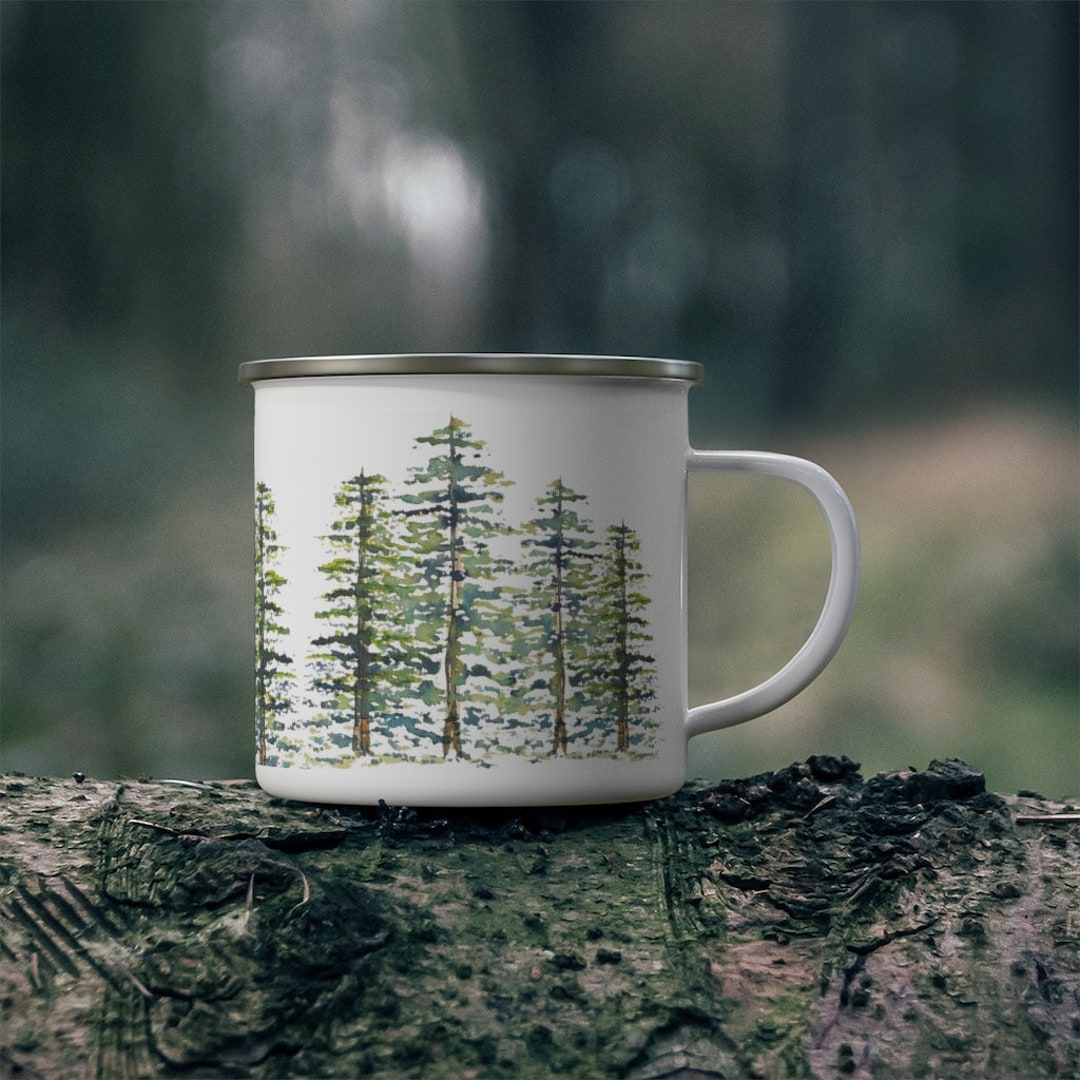 Pine Tree Forest Enamel Camping Mug | Watercolor Printed Coffee Mugs ...