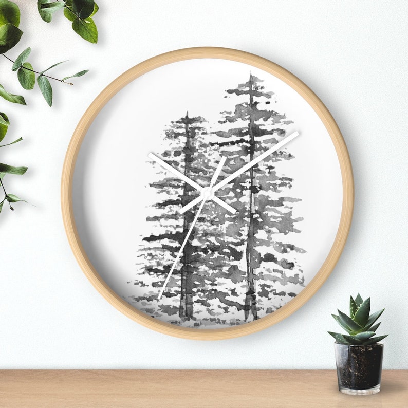 Gray Evergreen Trees Houseplant Wall Clock Natural Wood | Etsy