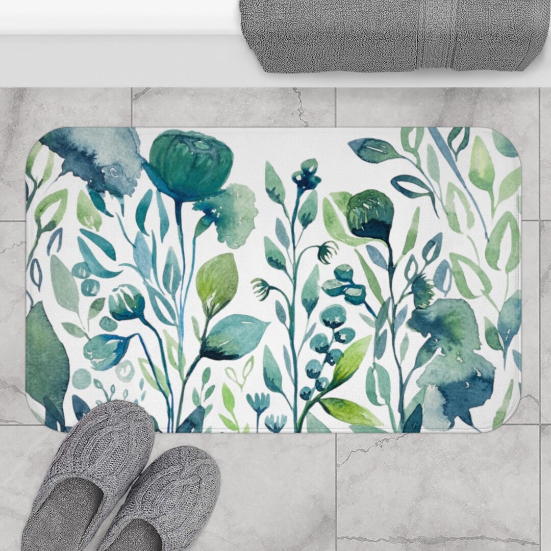 Blue Green Flowers | Microfiber Memory Foam Bath Mat | Floral ...