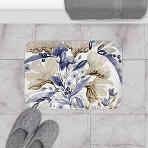 Blue Beige Floral Bathroom Mat | Anti-slip Microfiber Memory Foam Bath ...