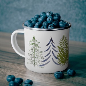 Three Pines Forest Enamel Camping Mug | Watercolor Printed Coffee Mugs ...