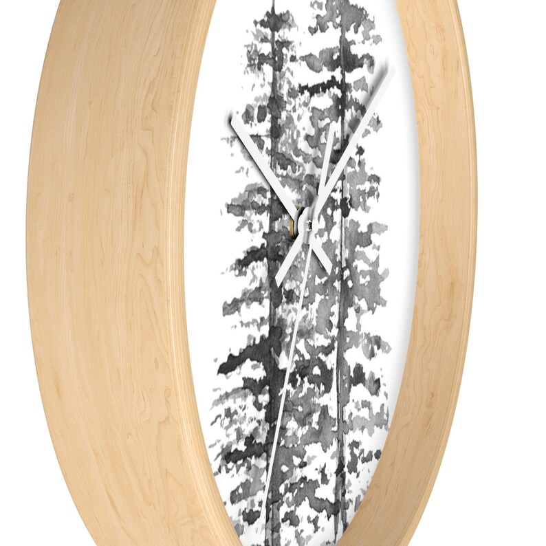 Gray Evergreen Trees Houseplant Wall Clock Natural Wood | Etsy