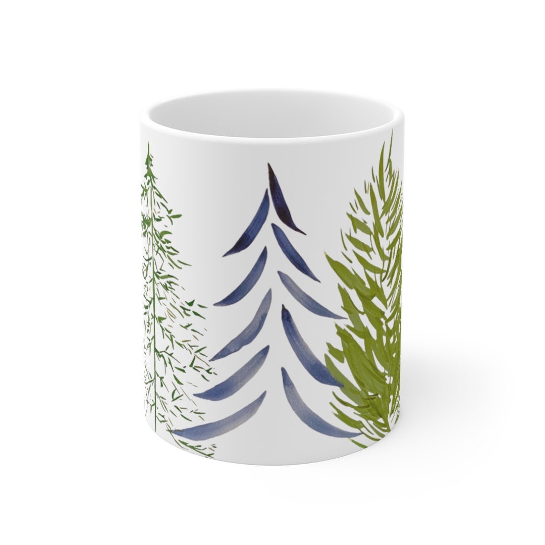Three Pines Evergreen Trees in Greens & Blues | White Ceramic 11 Oz ...