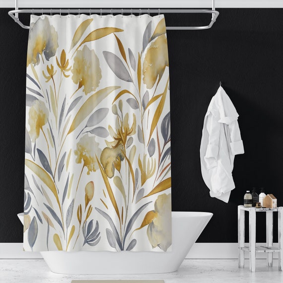 Yellow and Gray Floral Pattern Shower Curtains Botanical Spa Shower Curtains Bathroom Refresh Gifts 71x74 In Spun Poly Fabric Etsy