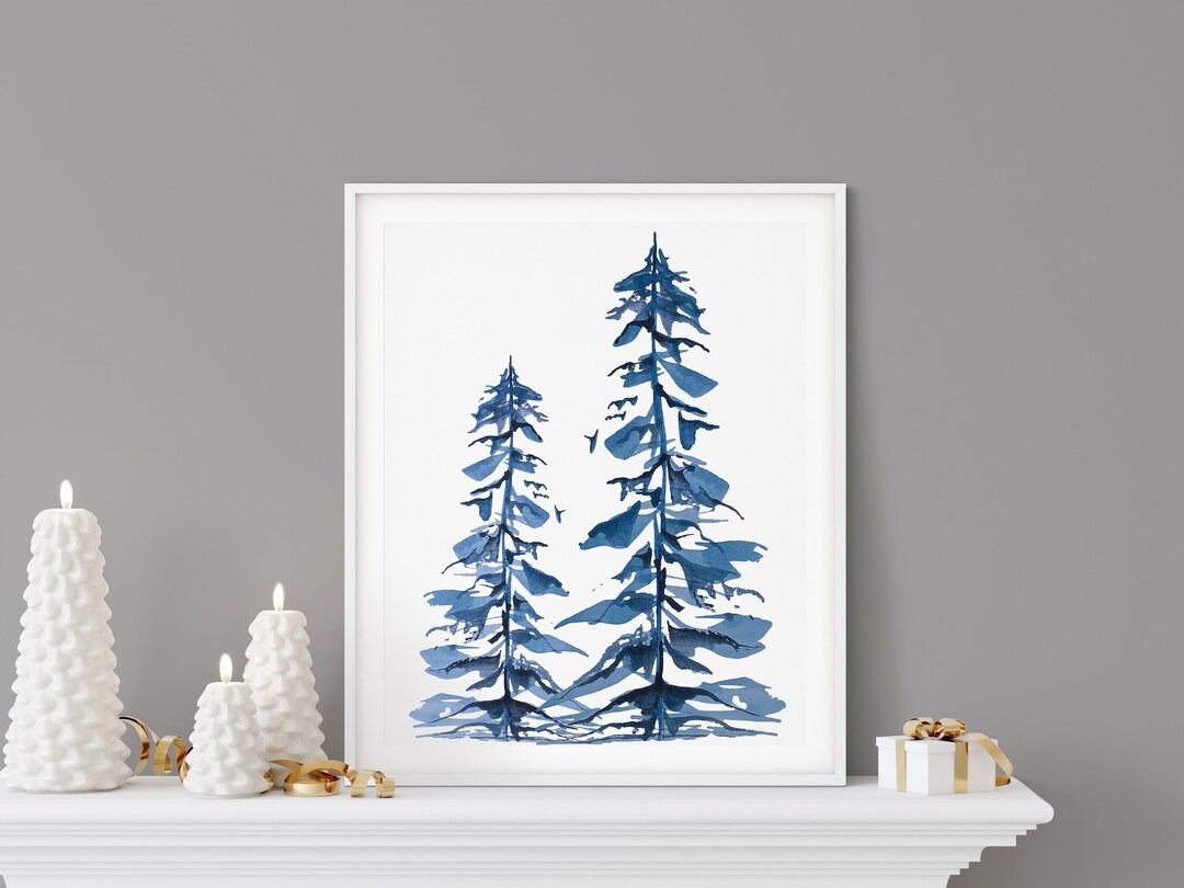 Arctic Blue Pine Trees Fine Art Print Posters | Textured Watercolor ...