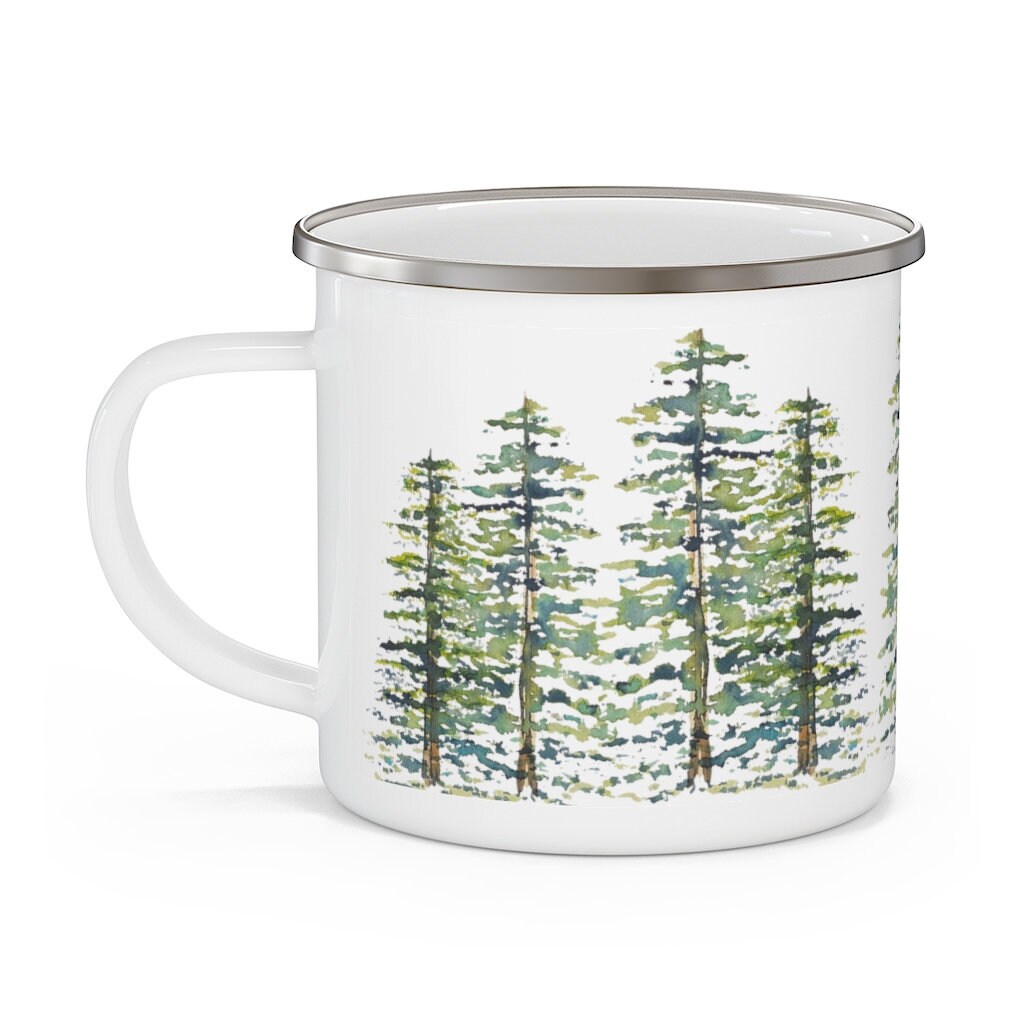Pine Tree Forest Enamel Camping Mug | Watercolor Printed Coffee Mugs ...