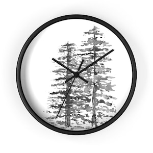 Gray Evergreen Trees Houseplant Wall Clock, Natural Wood, Black, or ...