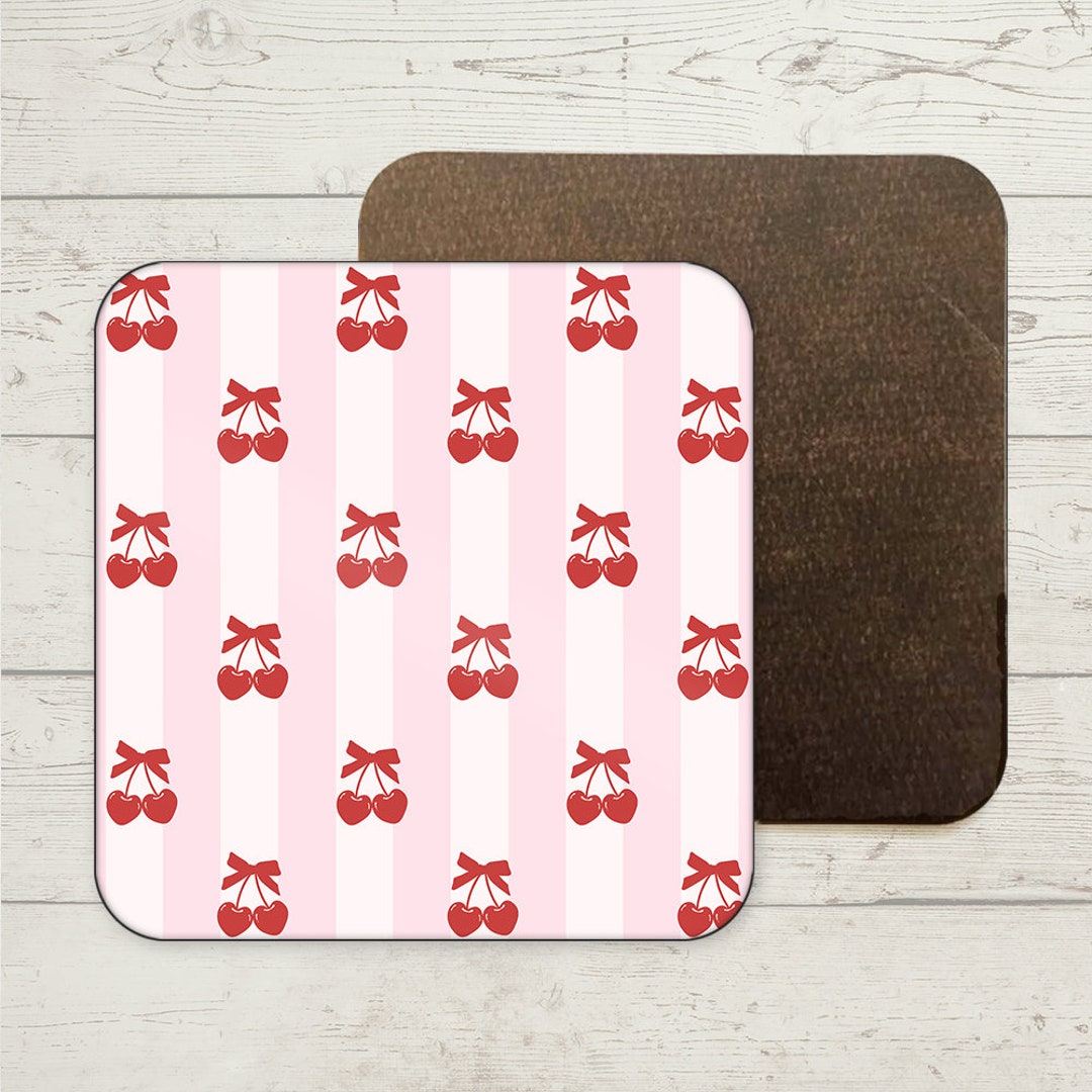 Pink Bow Cherry Print Coaster, Cute Cherry Print, Girly Home Décor ...