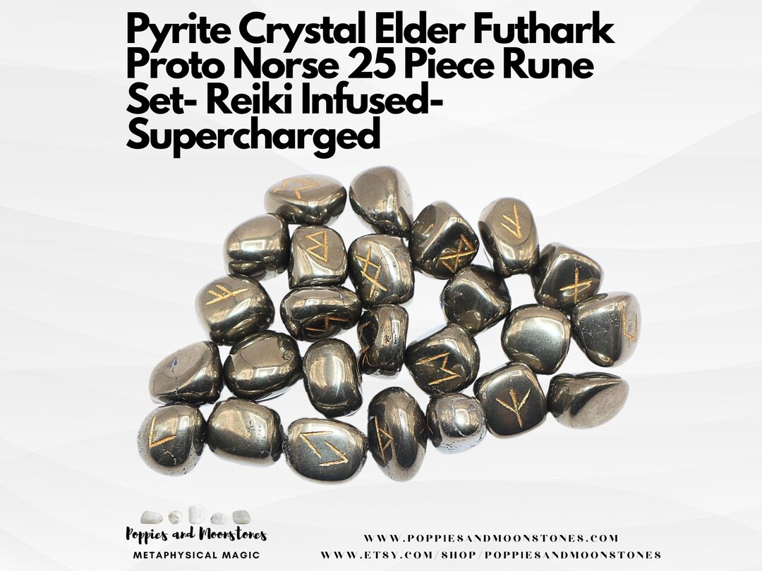 Pyrite Crystal Elder Futhark Proto Norse 25 Piece Rune Set With Bag ...