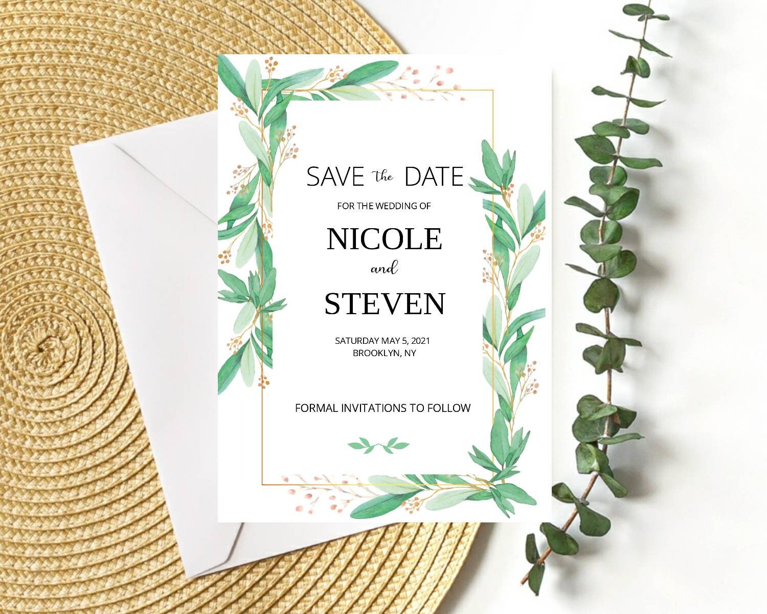 Greenery Save the Date Template, Pretty Save the Date, Watercolor Save ...