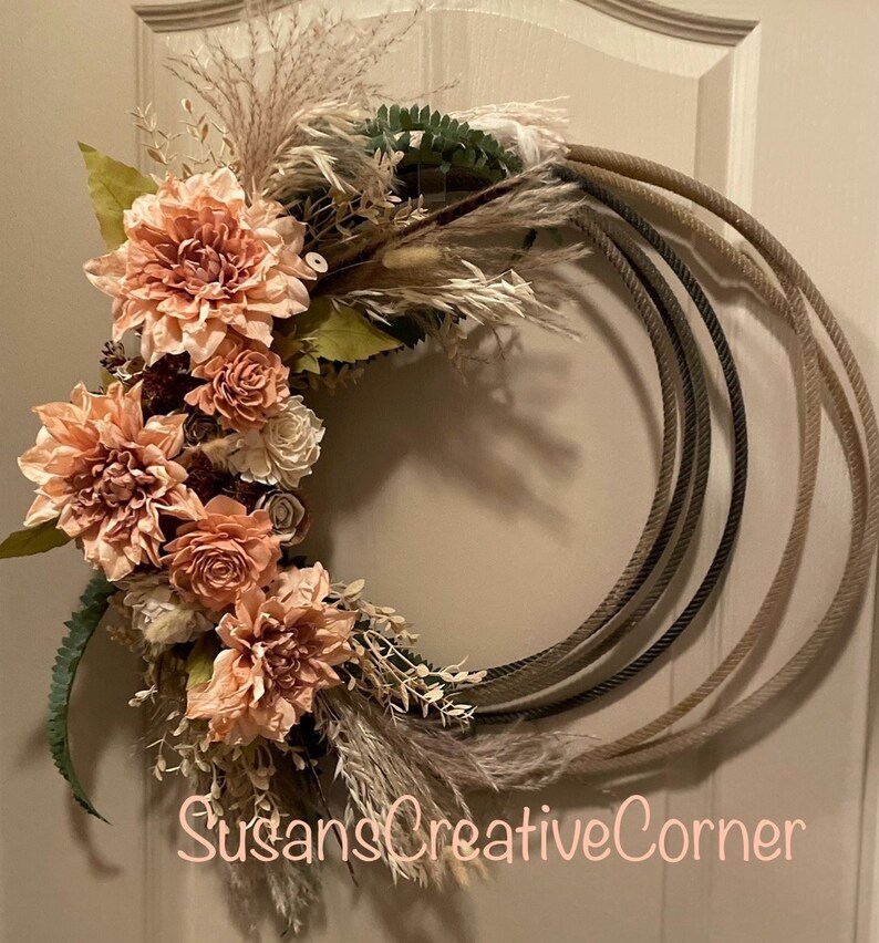Peach Dahlia Lasso Wreath. Wood Flowers, Boho Style Rope Wreath ...