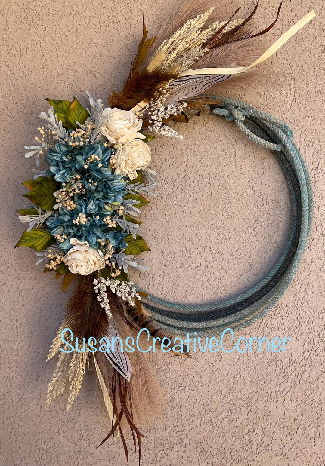 Teal Lasso Decor, Lariat Decor, Western Ranch Decor, Rope Wreath ...