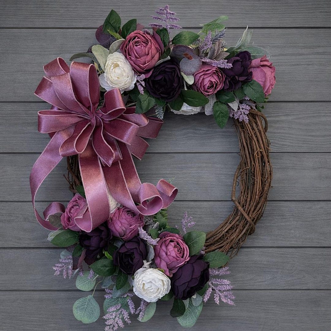 Elegant Mauve Rose Wreath – Deep Plum Florals With Designer Bow - Etsy
