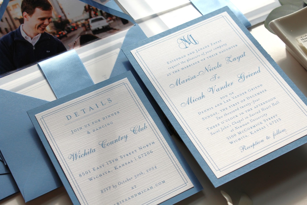 Light Blue Wedding Invitation Set, Linen Paper, Vellum Wrap - Etsy