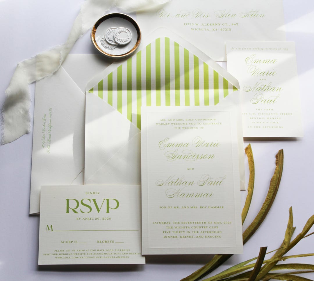 Lime Cream Wedding Invitation Suite | Modern Envelope Liner | Green ...