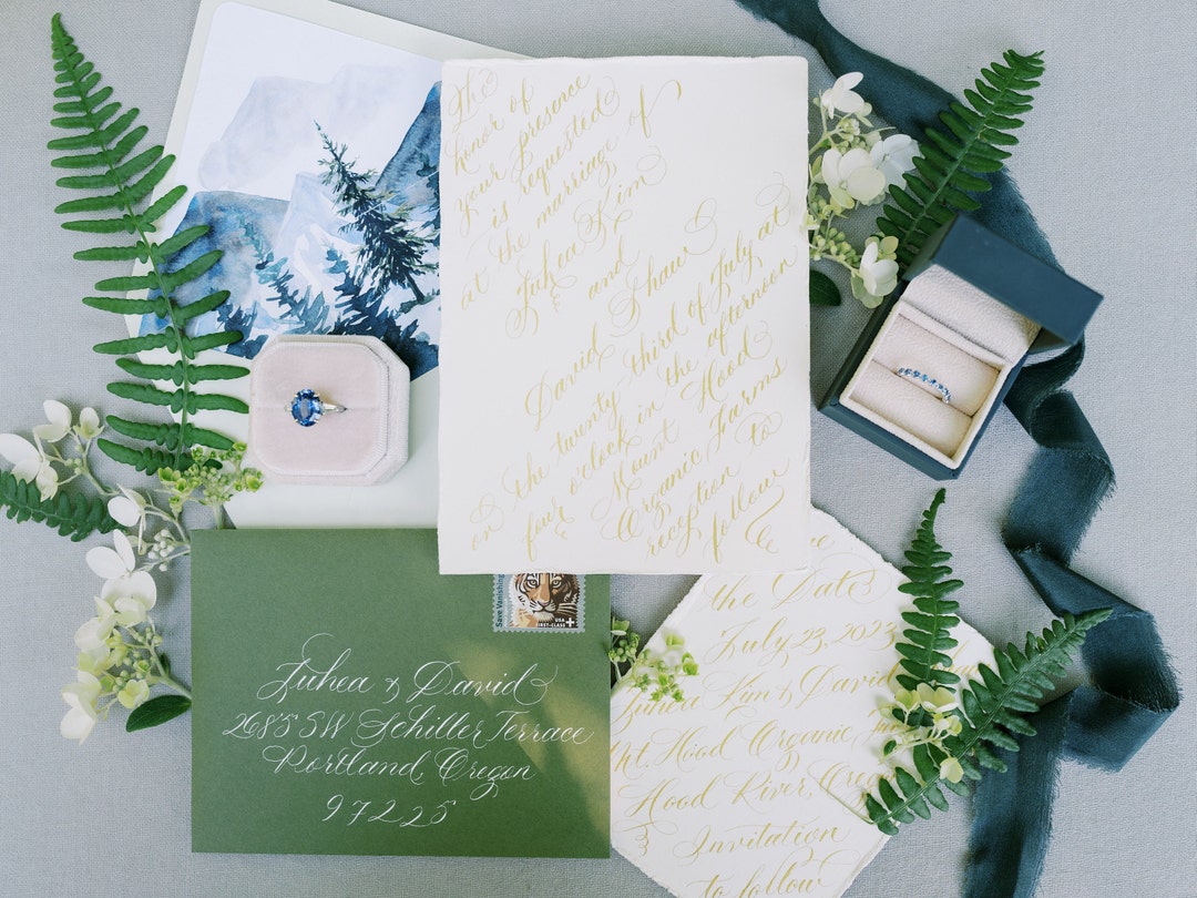 Hand Written Invitation With Gold Calligraphy on Deckled Edge Paper ...