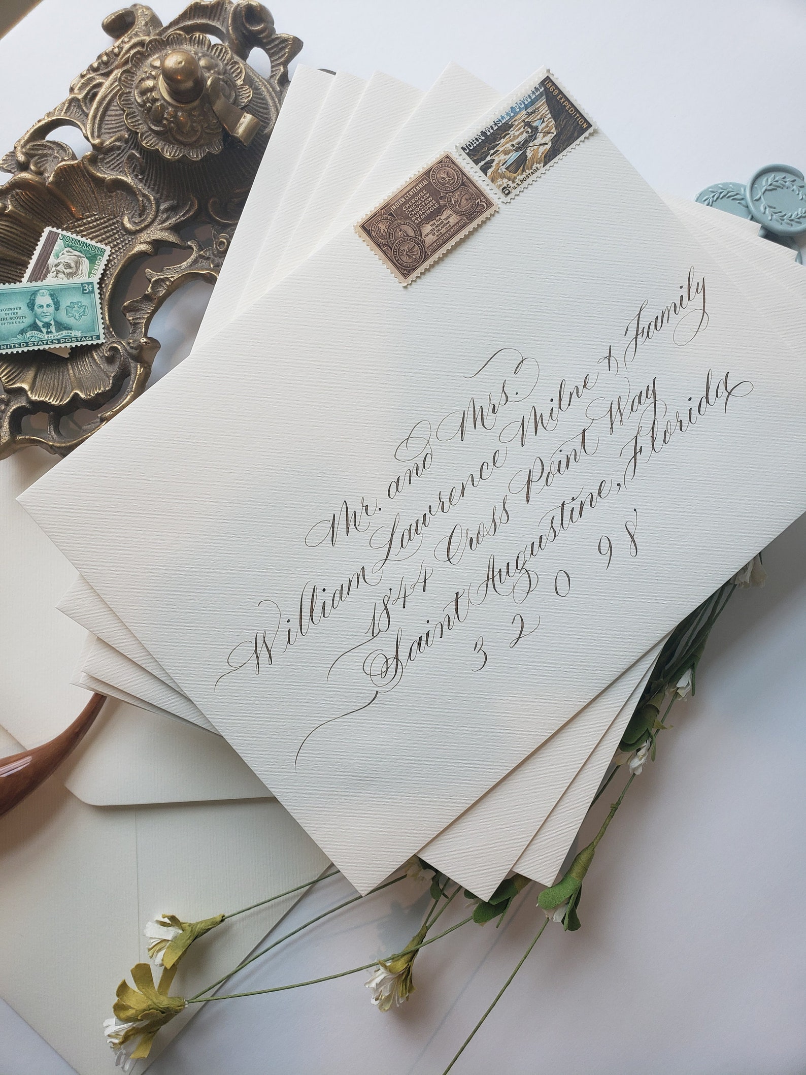 Hand Lettered Calligraphy With Floral Embellishment, Custom Envelope ...