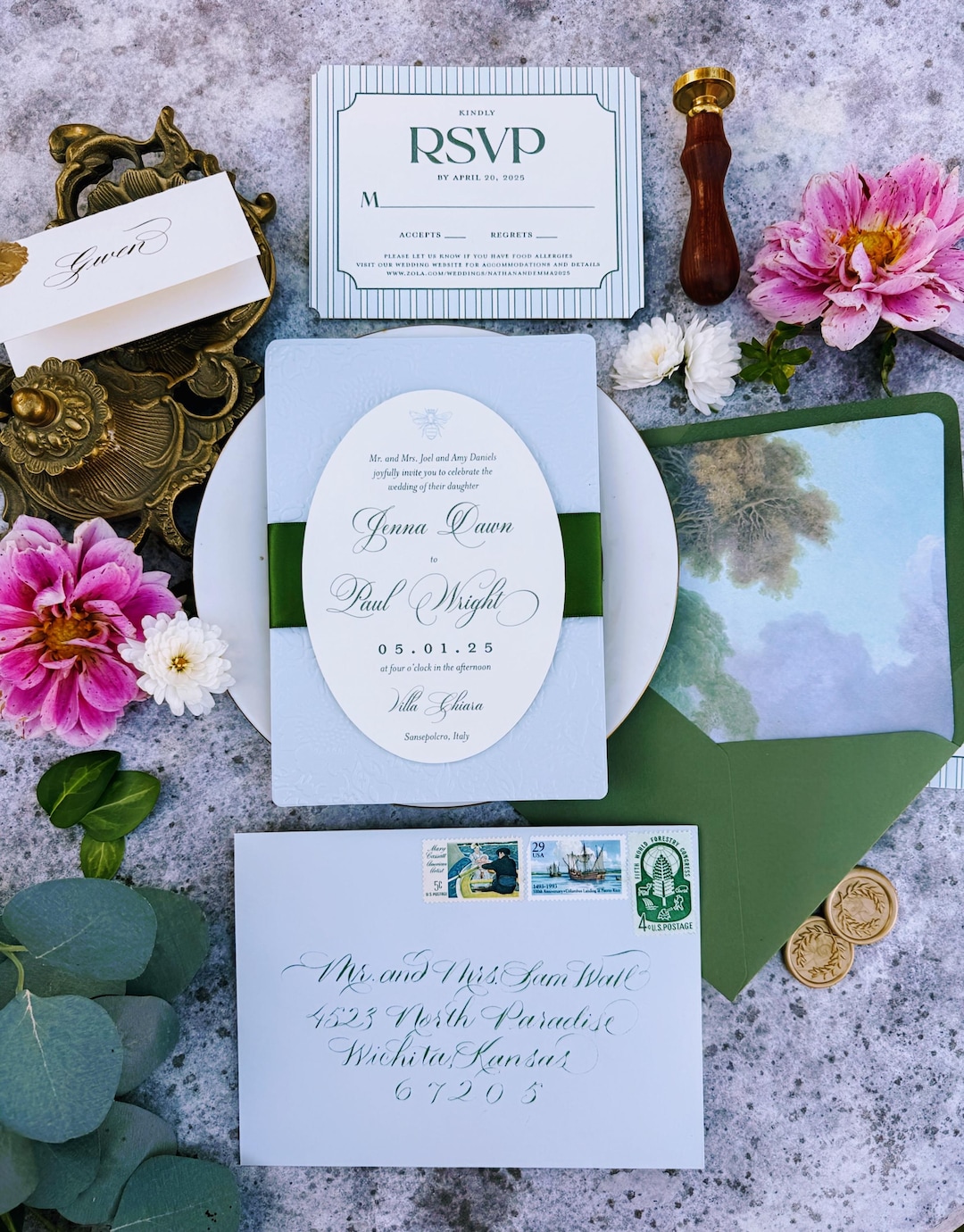 Embossed Green and Light Blue Wedding Invitation Suite | Die Cut ...